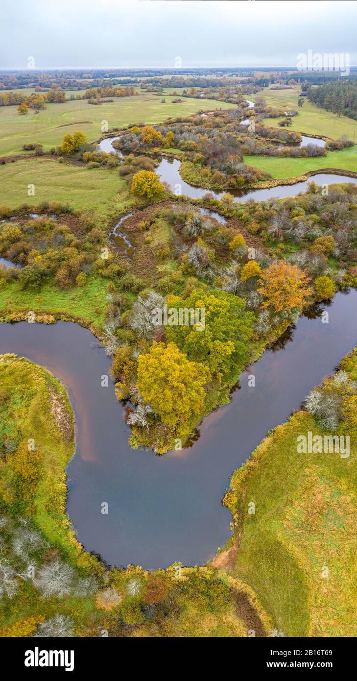 Forest in autumn colors. Colored trees and a meandering blue river. Red ...