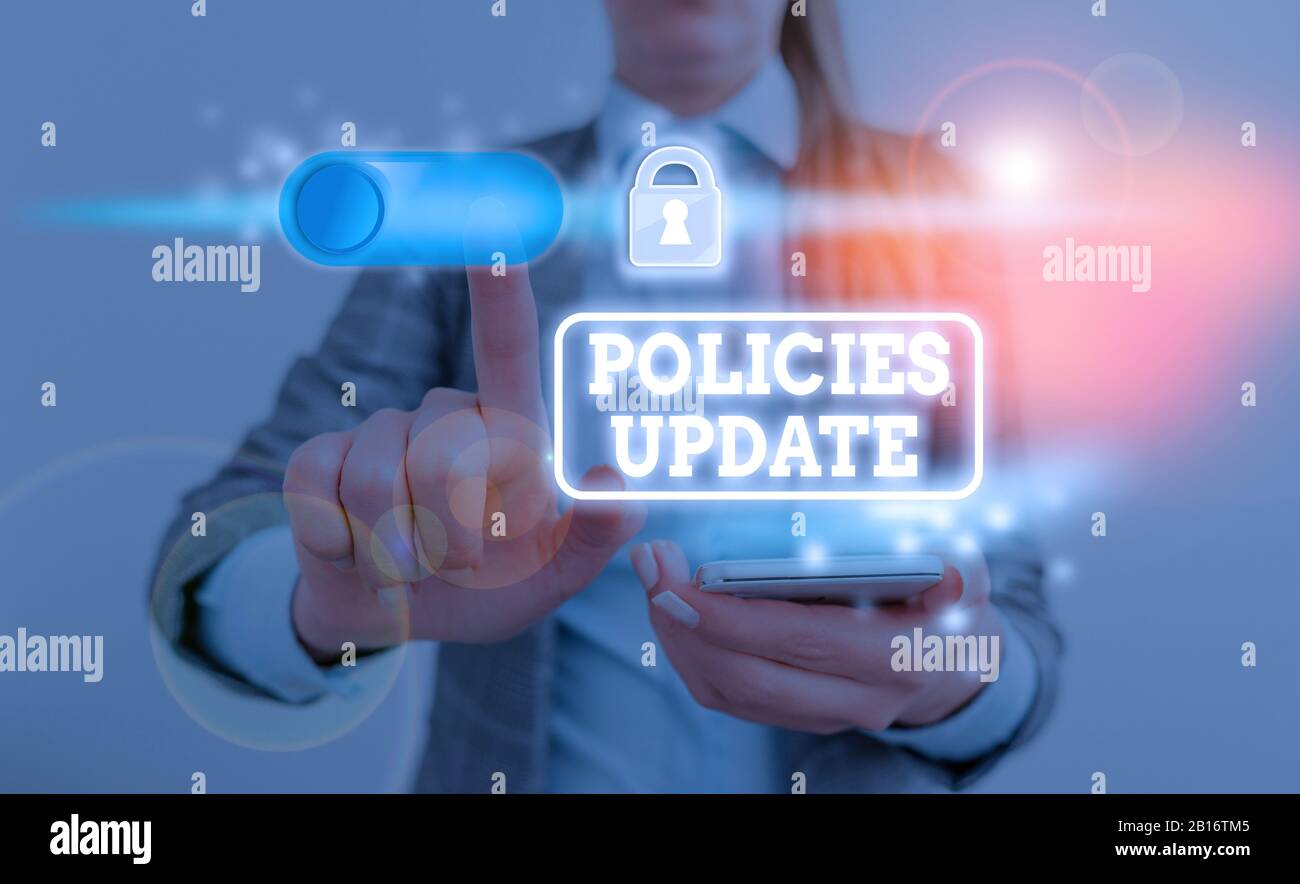 Conceptual hand writing showing Policies Update. Concept meaning act of adding new information ...