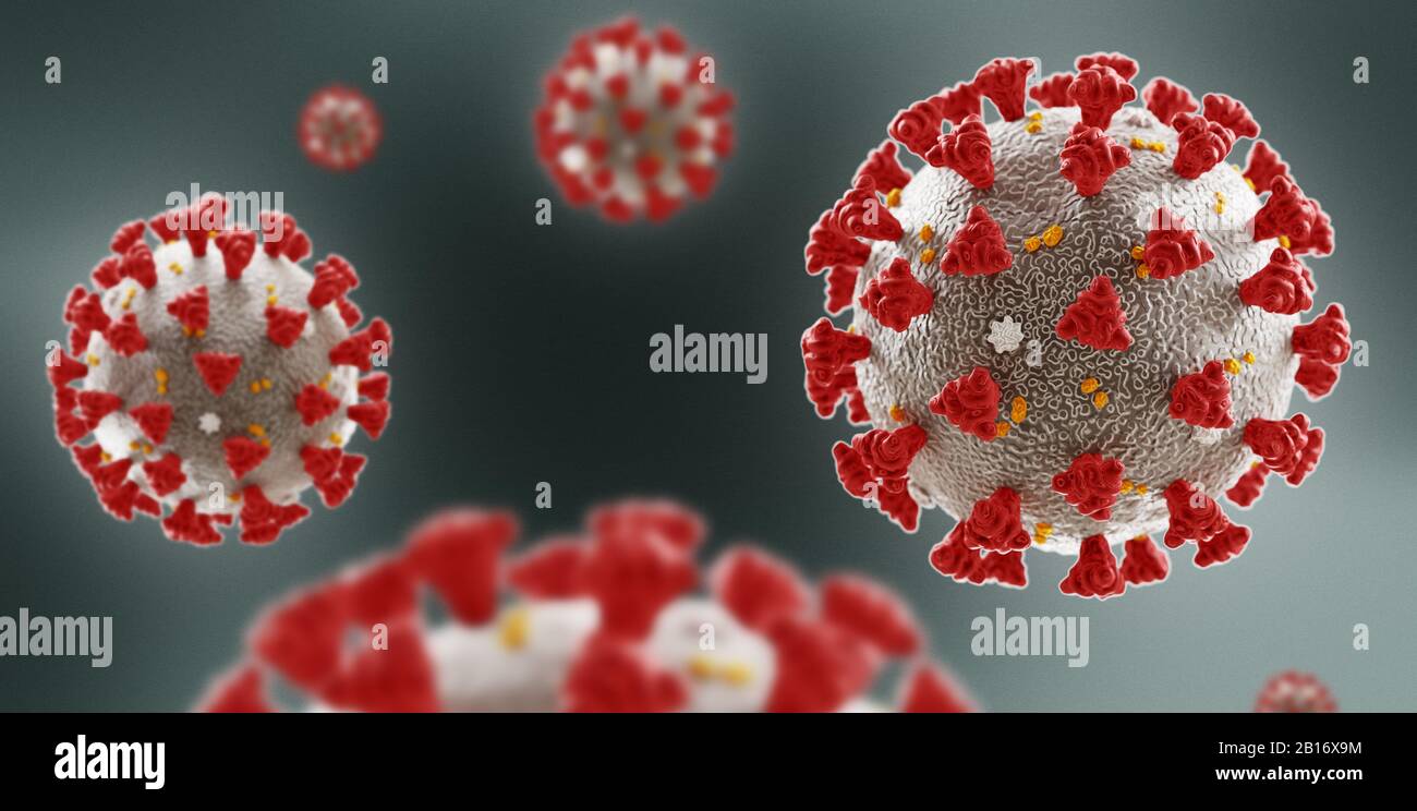 Coronavirus microscopic view. Floating influenza virus cells. Dangerous ...