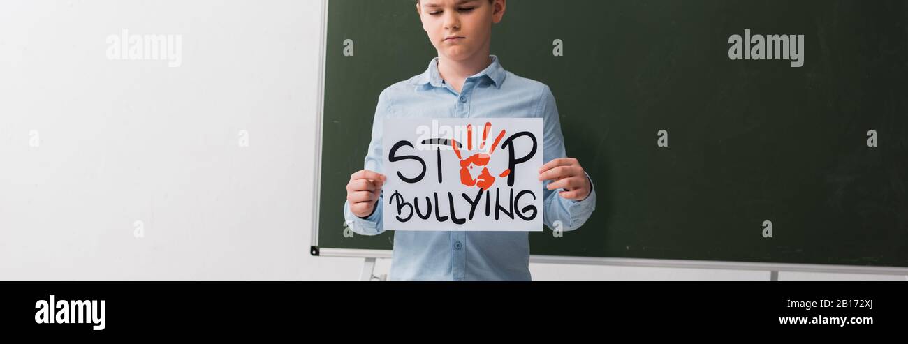 panoramic shot of schoolboy holding placard with stop bullying ...