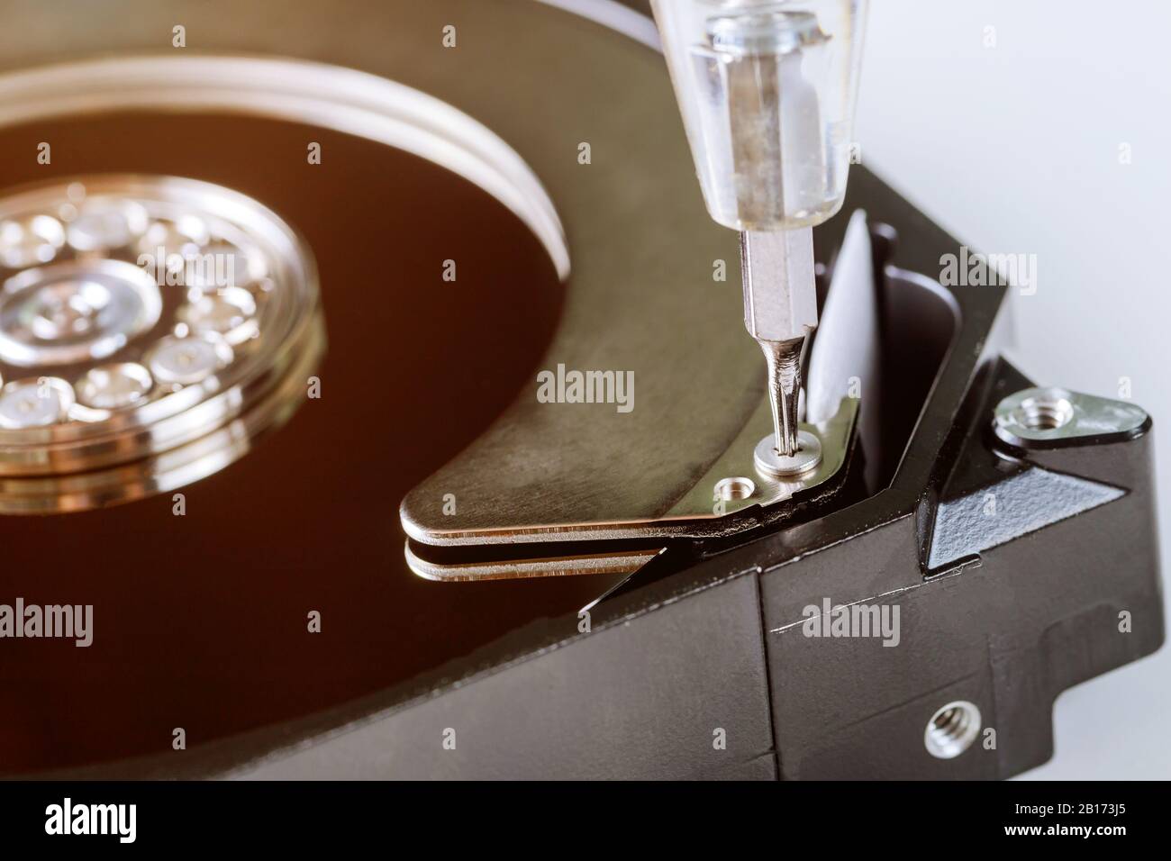 Broken HDD on opened hard disk on the technician support Stock Photo ...