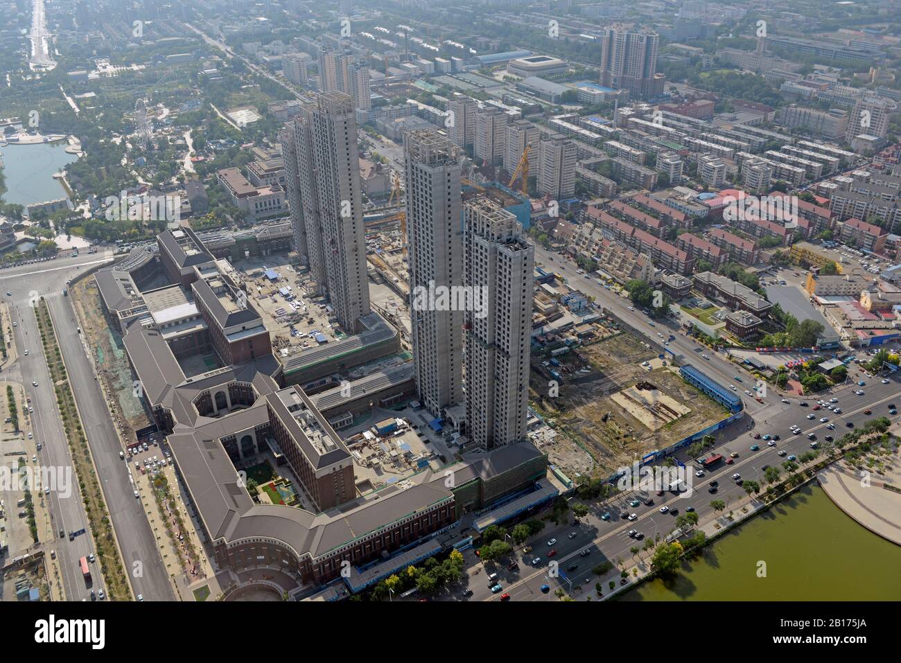 Construction of apartment buildings in progress, seen from above ...