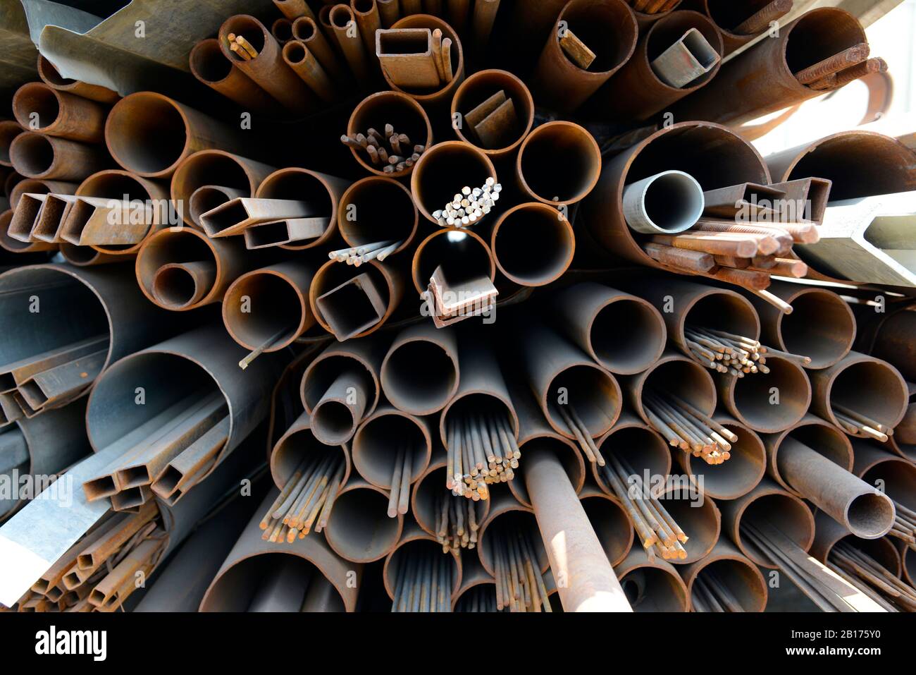 End view of a pile of steel bars and channels at a construction ...