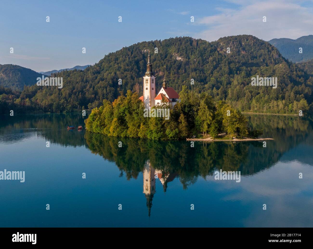 Aerial view of the Bled island in the morning Stock Photo - Alamy