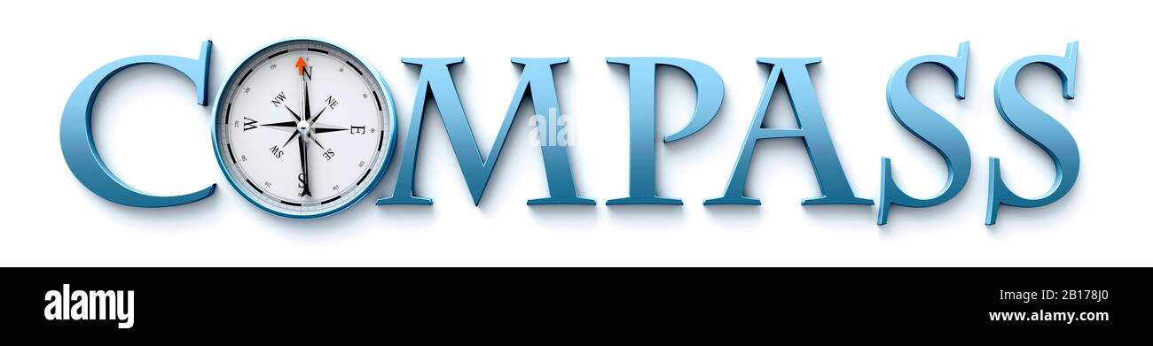 3D computer graphic, lettering COMPASS with the letter O illustrated as ...