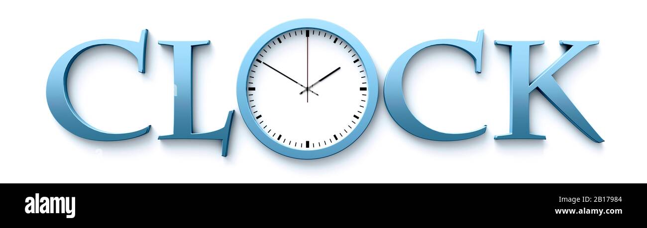 3D computer graphic, lettering CLOCK with the letter O illustrated as a ...