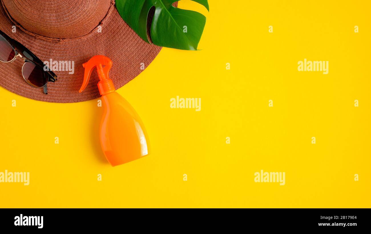 Sun protection cosmetic product, sunglasses, beach hat and tropical ...