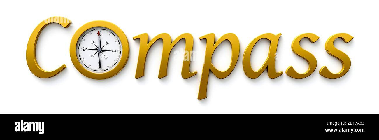 3D computer graphic, lettering COMPASS with the letter O illustrated as ...
