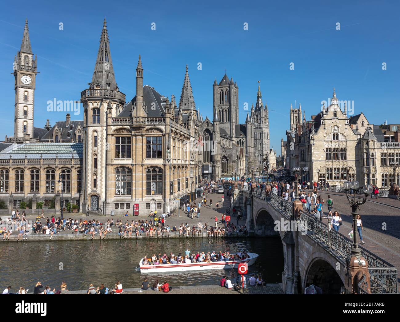 Historic centre of Ghent with old stone bridge, cathedrals and old ...