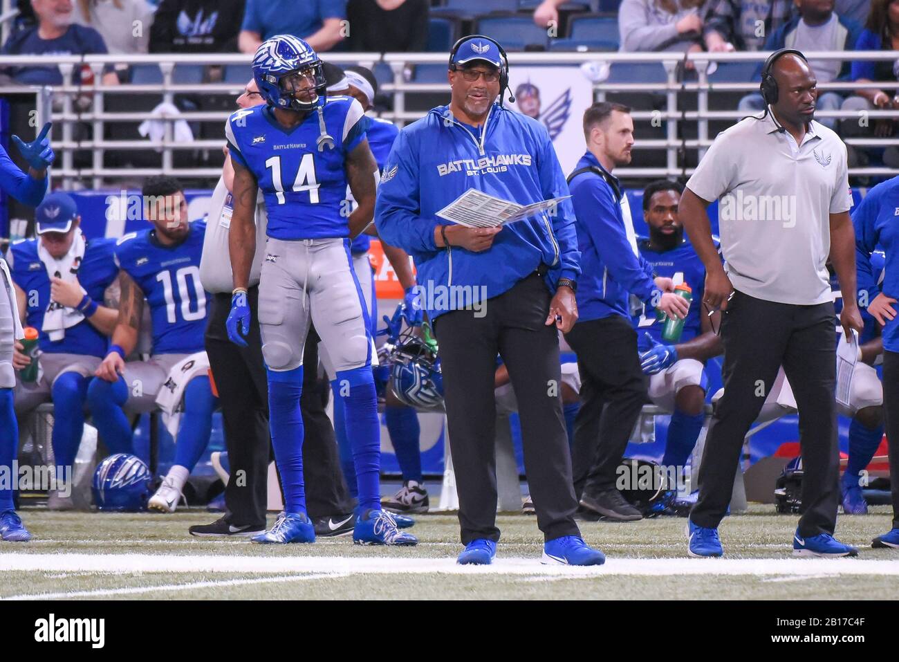 Feb 23, 2020: St. Louis Battlehawk head coach Jonathan Hayes calls a ...