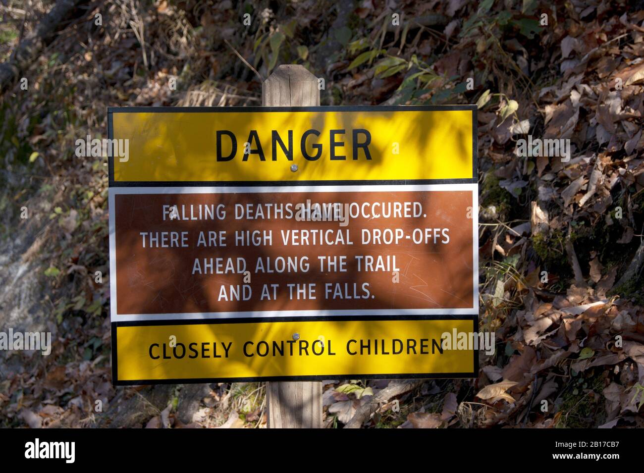 Danger sign, falling deaths have occured, vertical drop-offs, trails ...