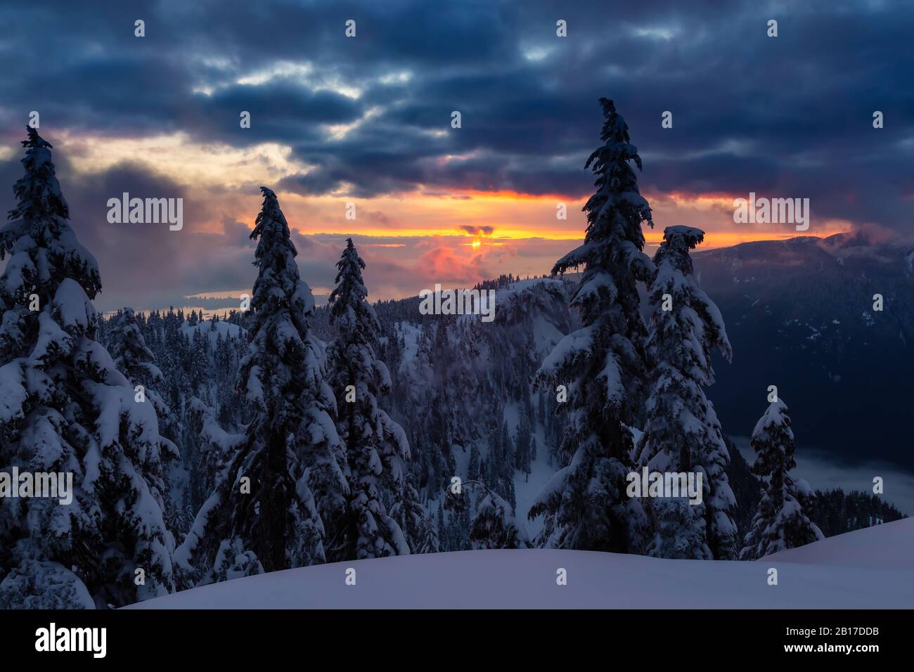 Canadian Nature Landscape covered in fresh white Snow during colorful ...