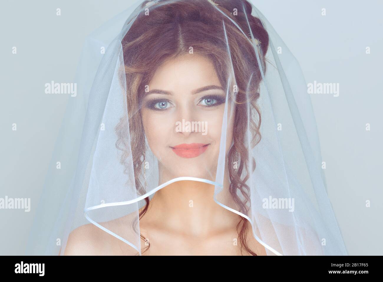 Spouse. Close up shot of elegant, brunette girl, woman, bride posing under veil closeup isolated ...