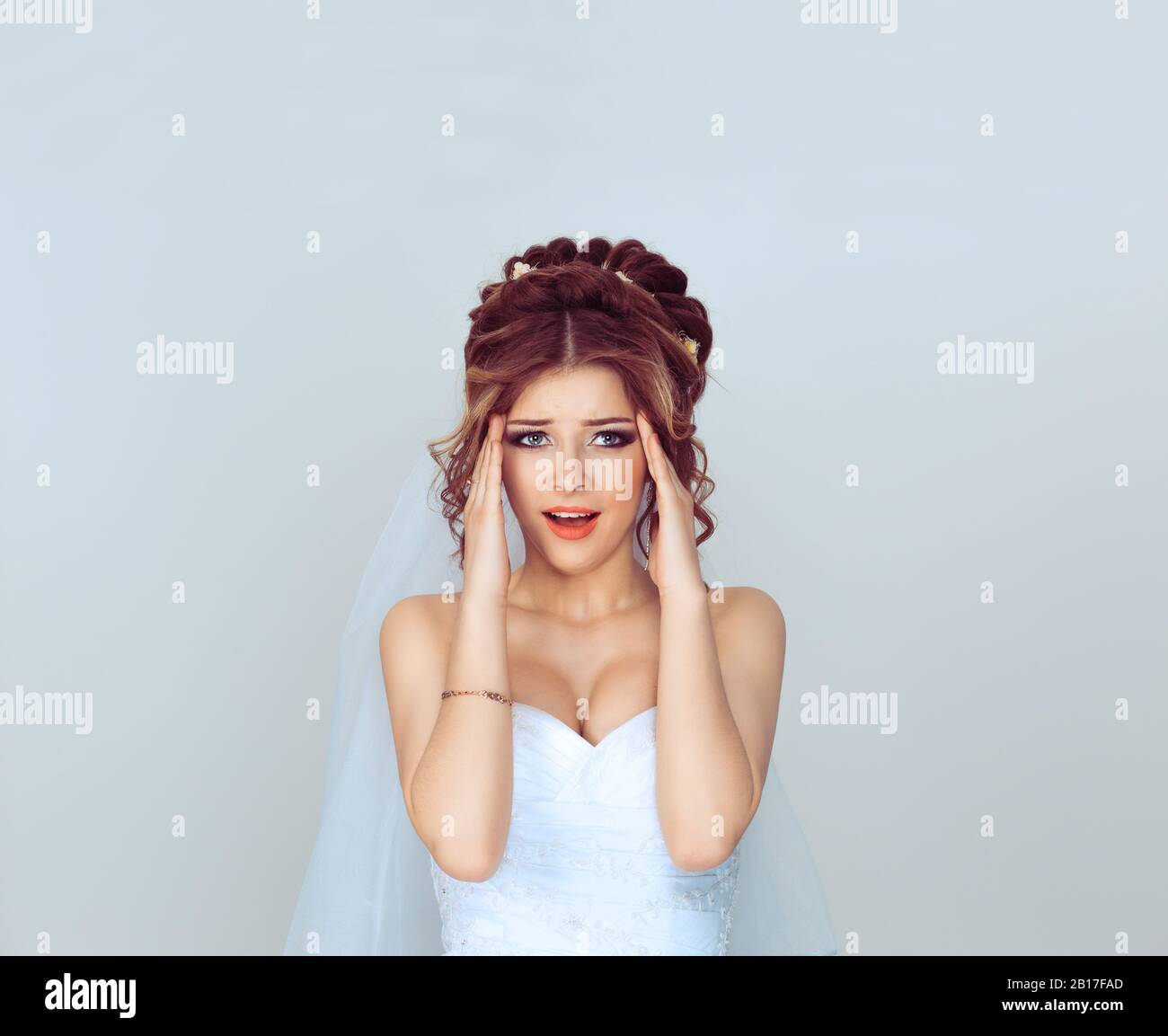 Stressed screaming spouse. Portrait of a young woman girl in wedding ...