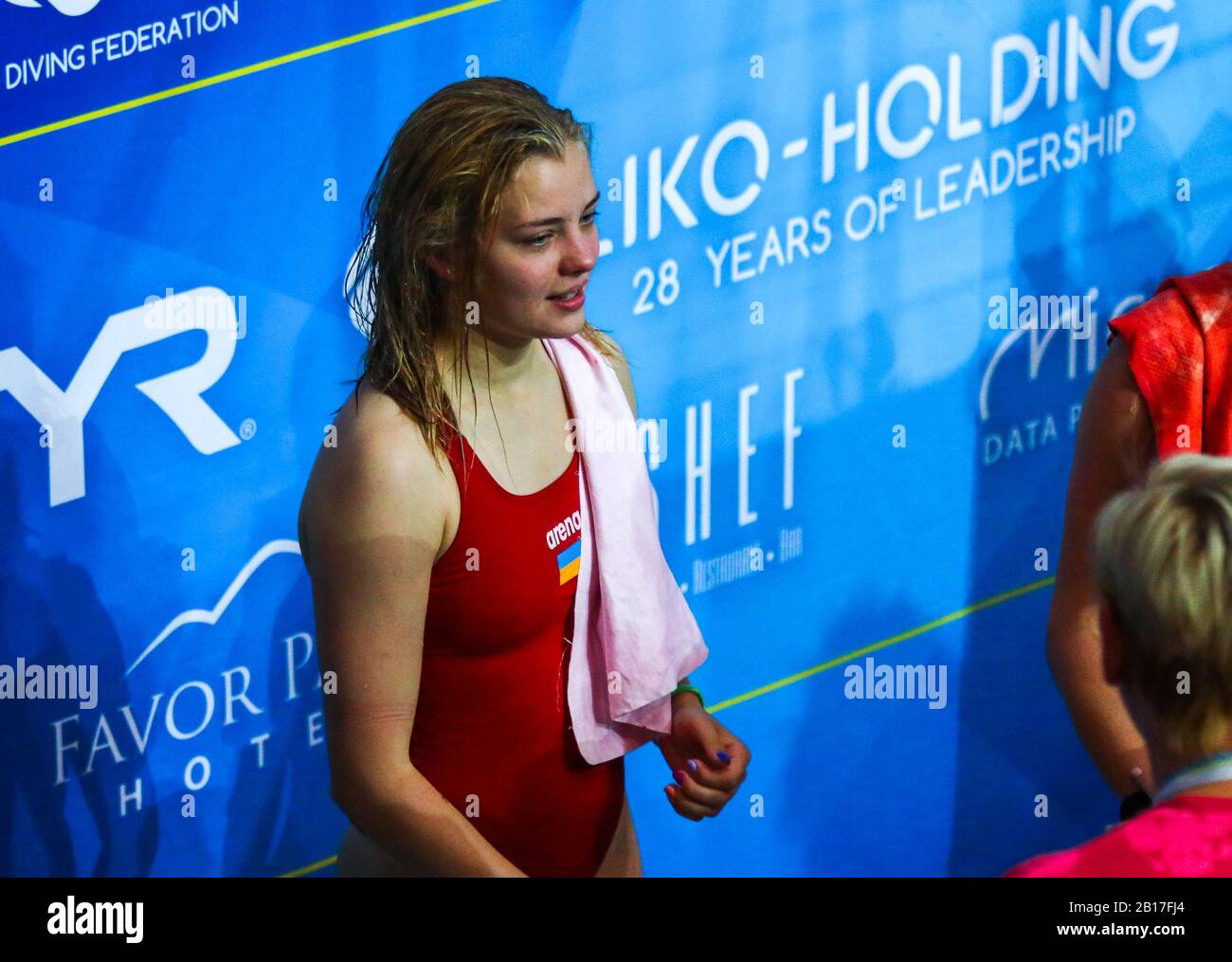 KYIV, UKRAINE - AUGUST 6, 2019: Sofiia LYSKUN of Ukraine celebrates the ...