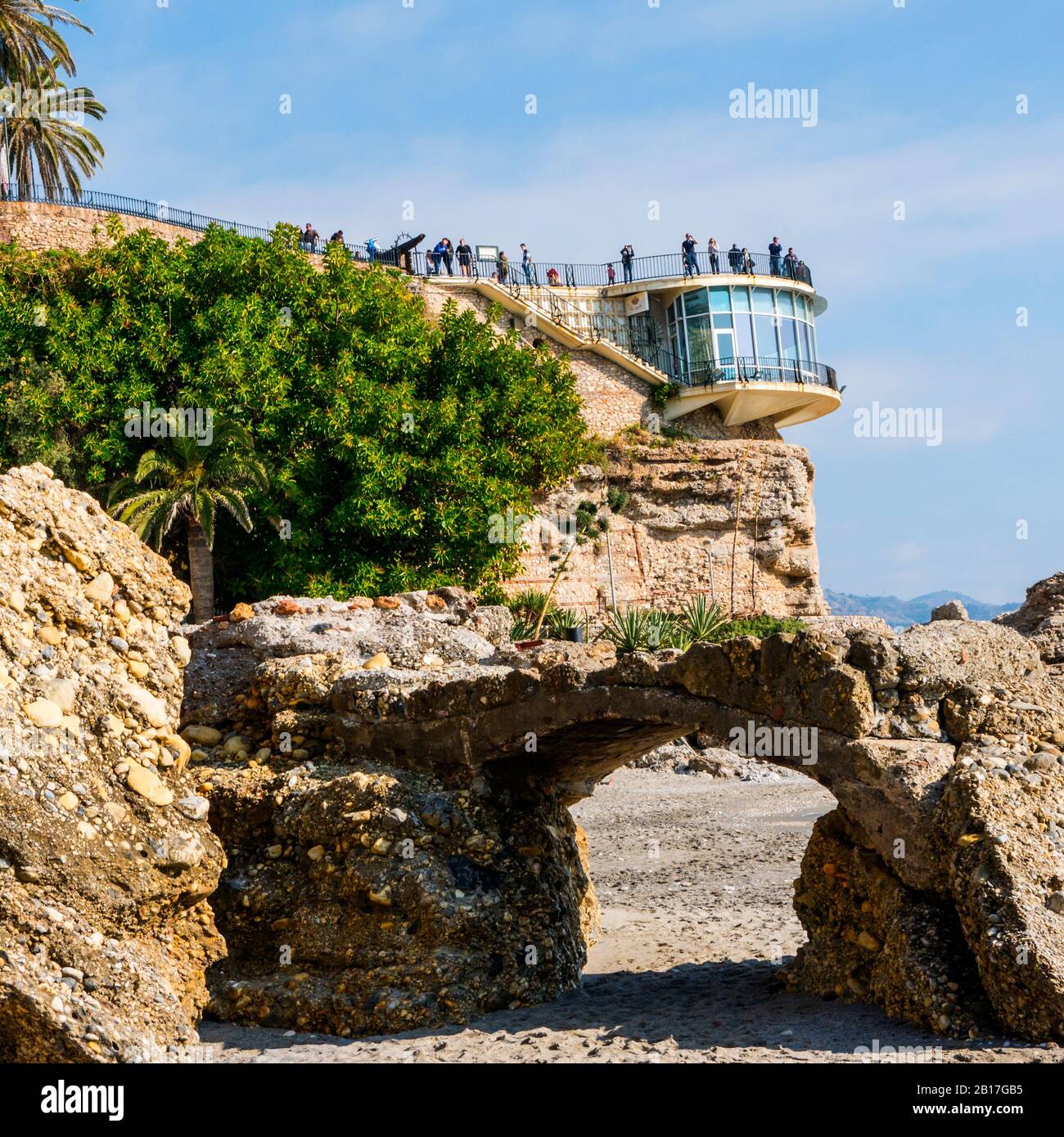 The Balcon de Europa is a large round balcony on a cliff in the seaside ...