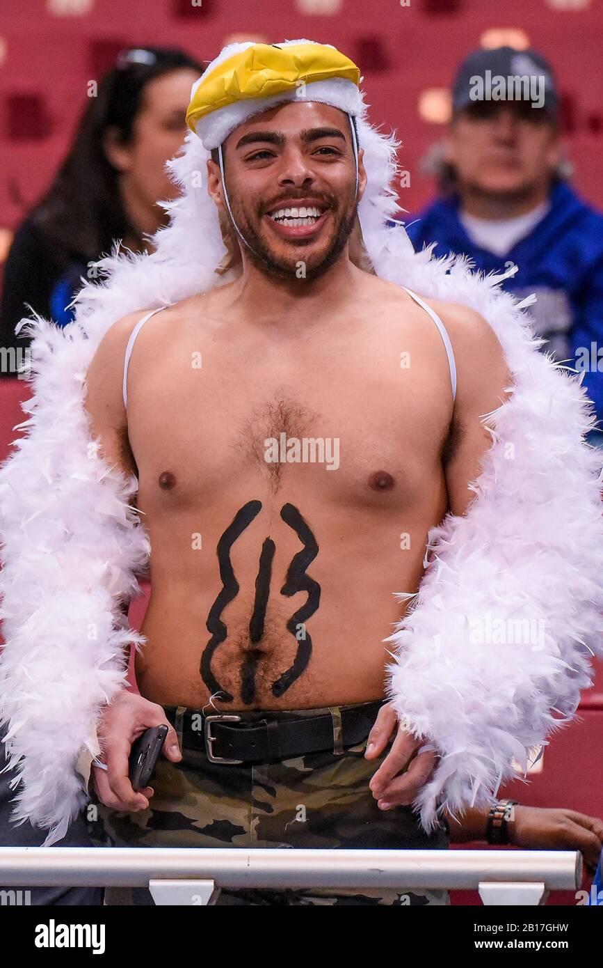 Feb 23, 2020: A fan shows off his BattleHawk gear during pregame of the ...