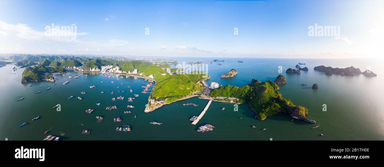Aerial unique view Vietnam Cat Ba bay with floating fishing boats on ...