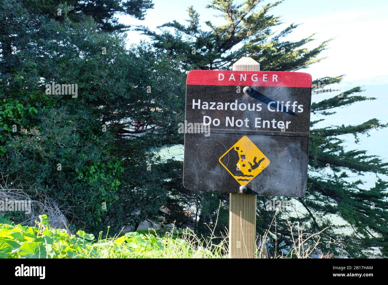 Danger Hazardous Cliffs Do Not Enter sign, with image of a person ...