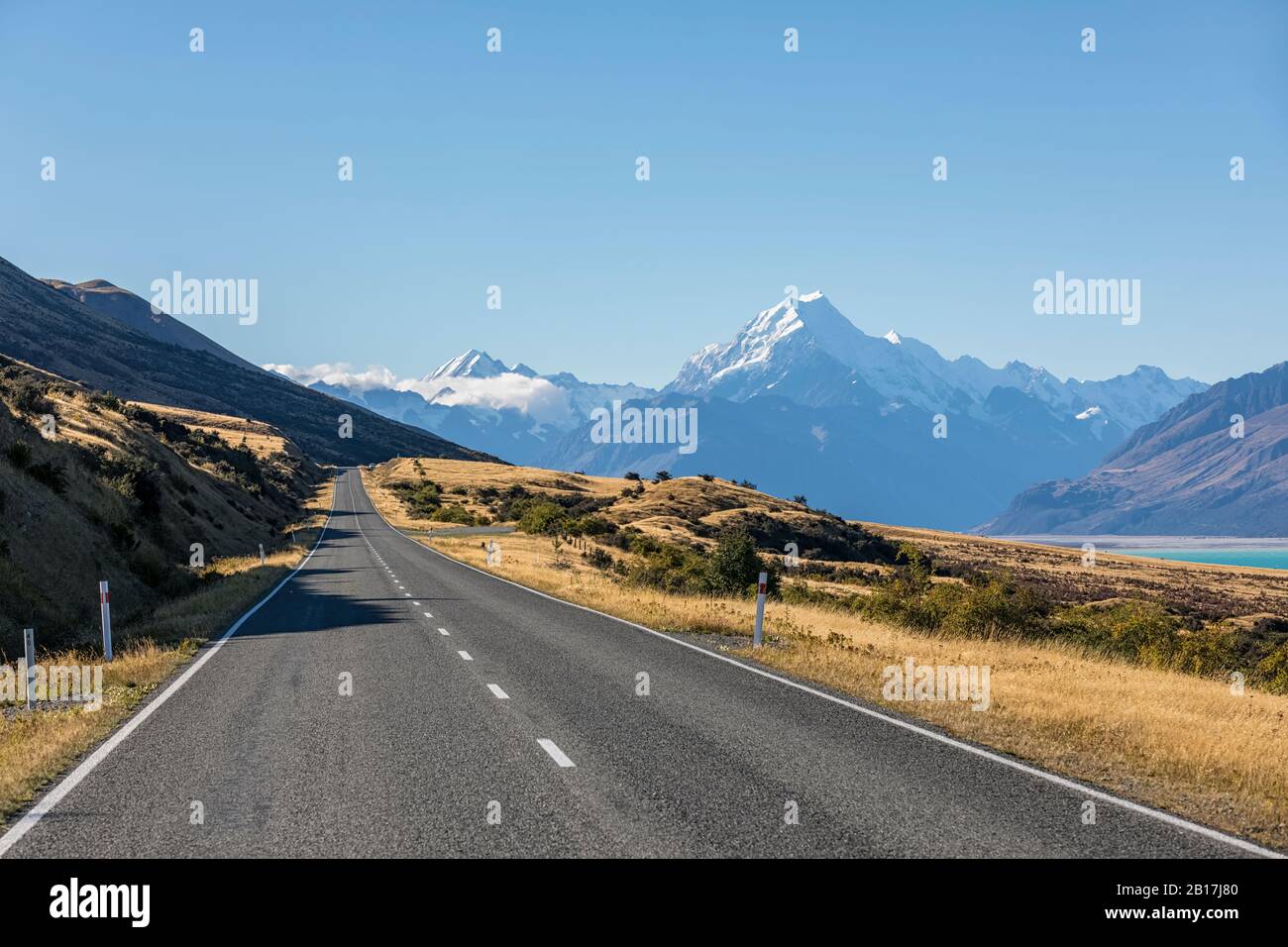 New Zealand, New Zealand State Highway 80 with Mount Cook in background ...