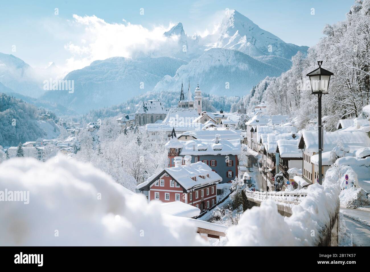 Germany, Bavaria, Berchtesgaden, Town and Watzmann in deep snow Stock ...