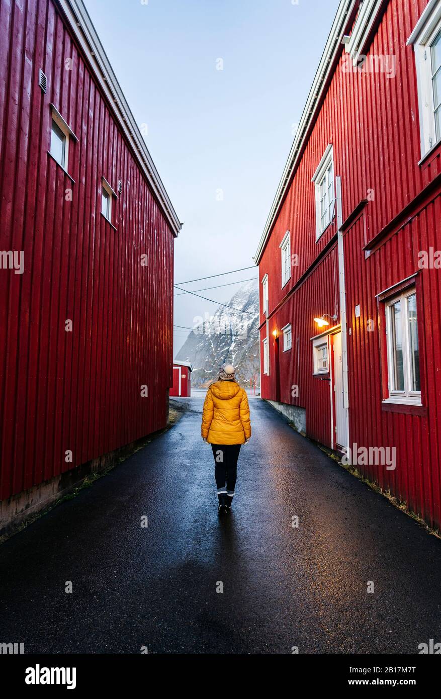 Tourist exploring the fishing village Hamnoy, Lofoten, Norway Stock ...