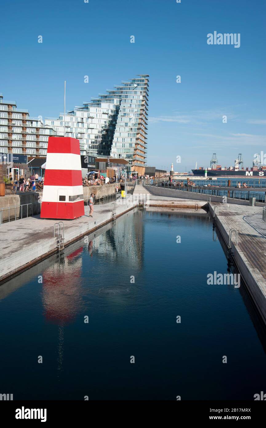Denmark, Aarhus, Harbor Bath pool with modern apartments in background ...