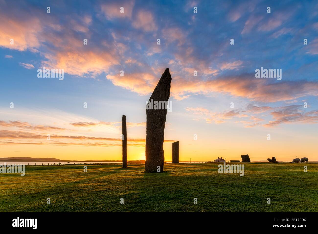 Scotland, Orkney Islands, Mainland, Standing Stones of Stennes, sunset ...