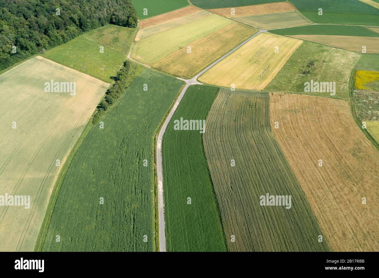 Aerial view of rural road through patchwork landscape with agricultural ...