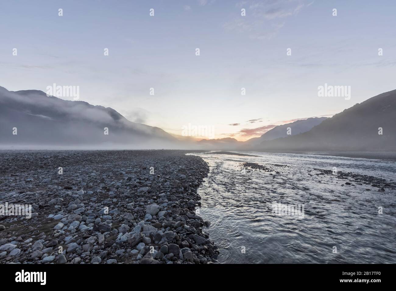 New Zealand, Grey District, Inchbonnie, Waimakariri River at foggy ...