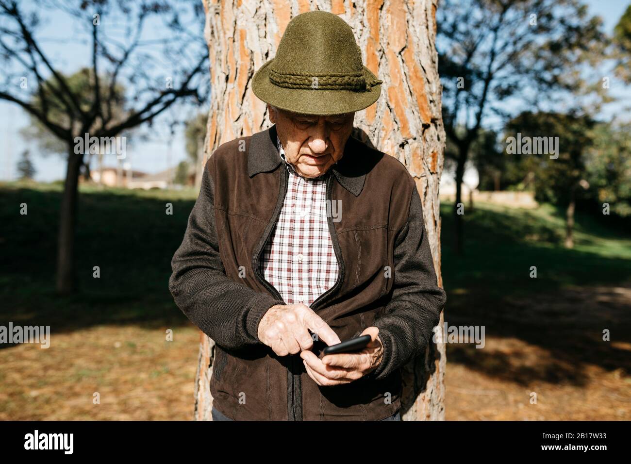 Old man using smartphone, leaning on tree trunk Stock Photo - Alamy
