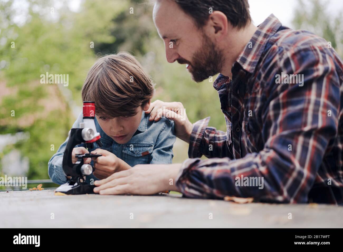 Father and son looking at objects under a microscope Stock Photo - Alamy