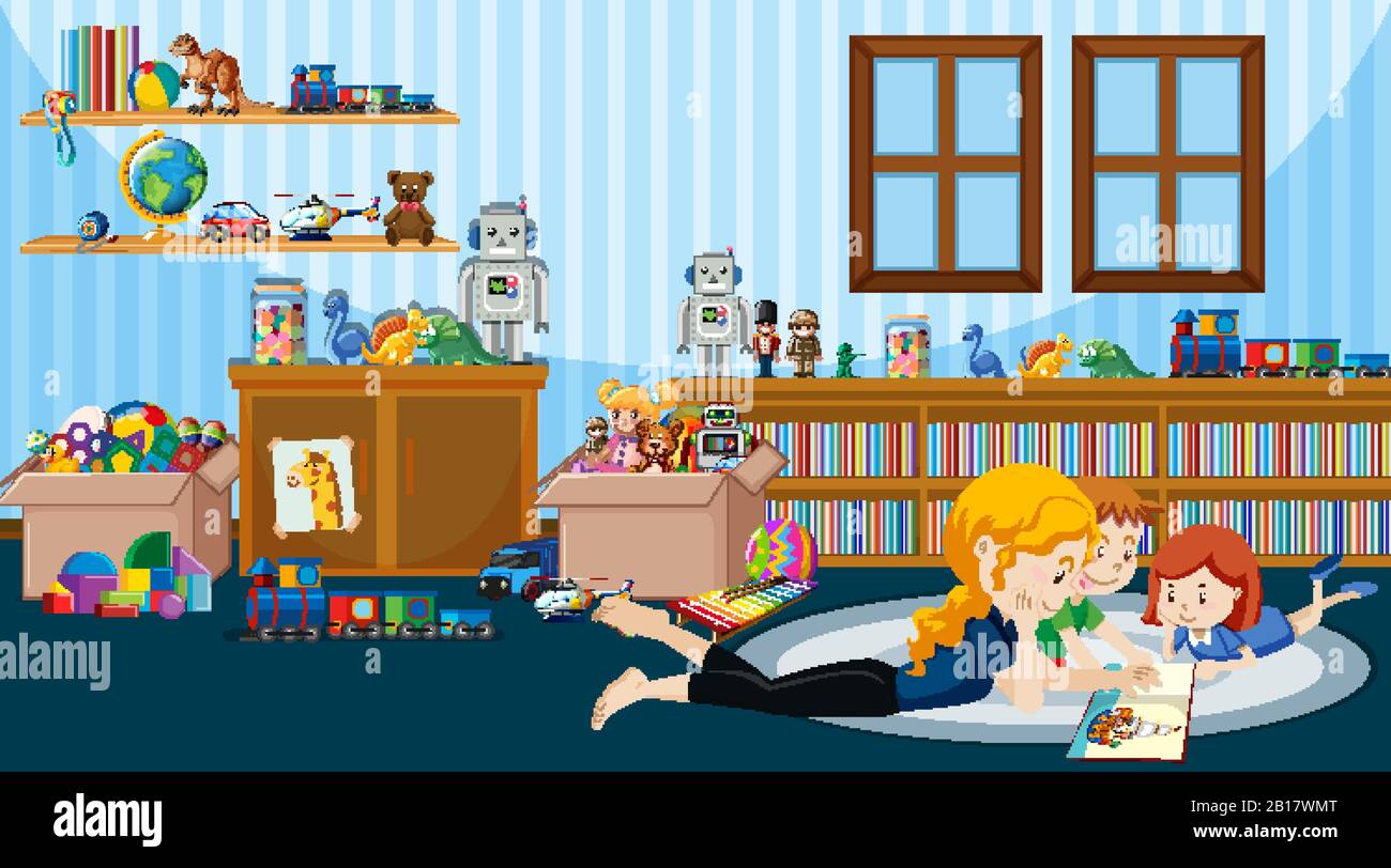 Scene with children reading story in the room illustration Stock Vector ...