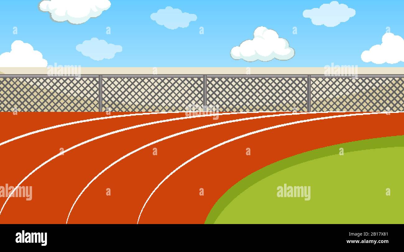 Background scene with running track and green field illustration Stock ...