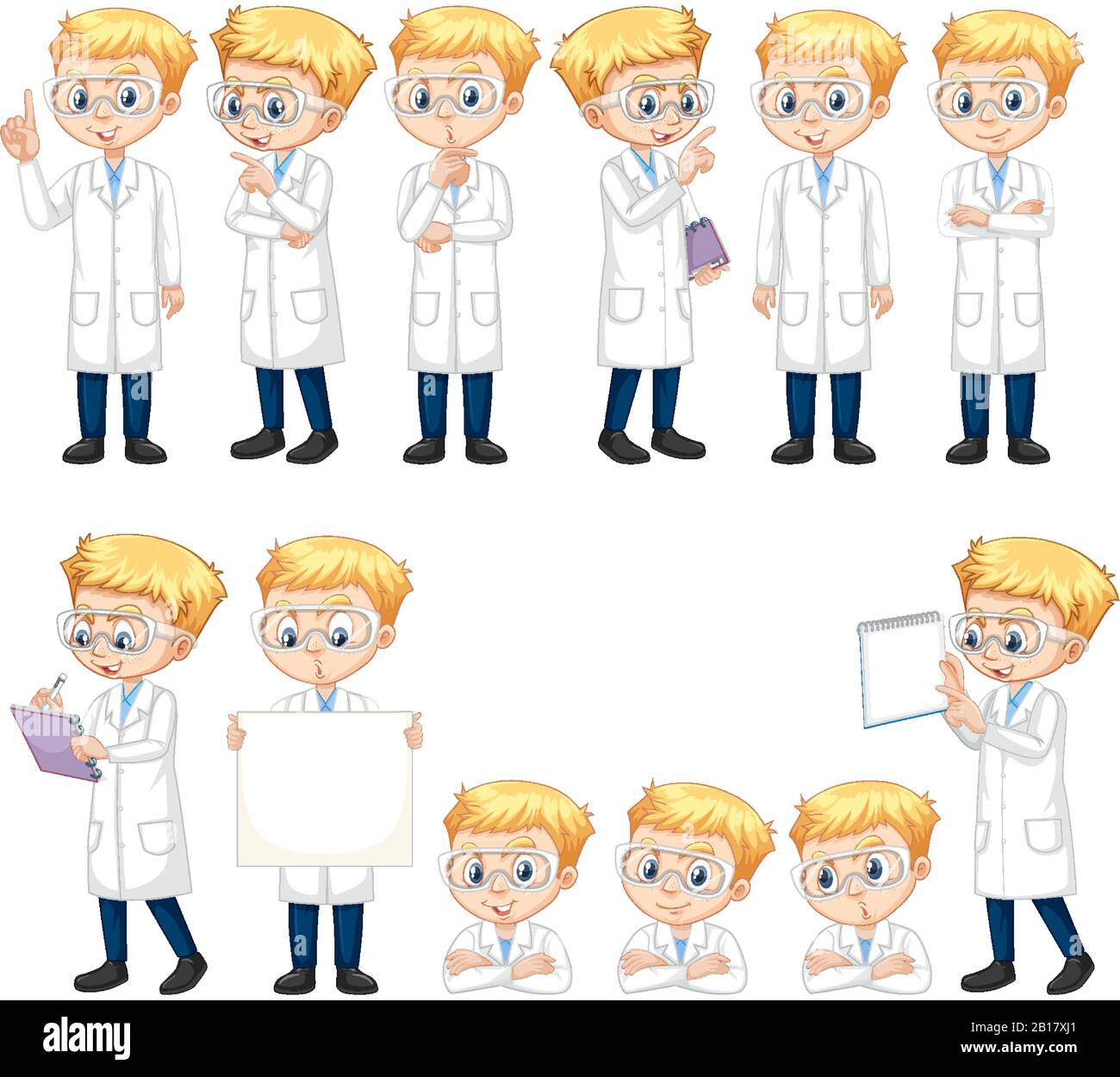 Set of boy in lab gown doing different poses illustration Stock Vector ...