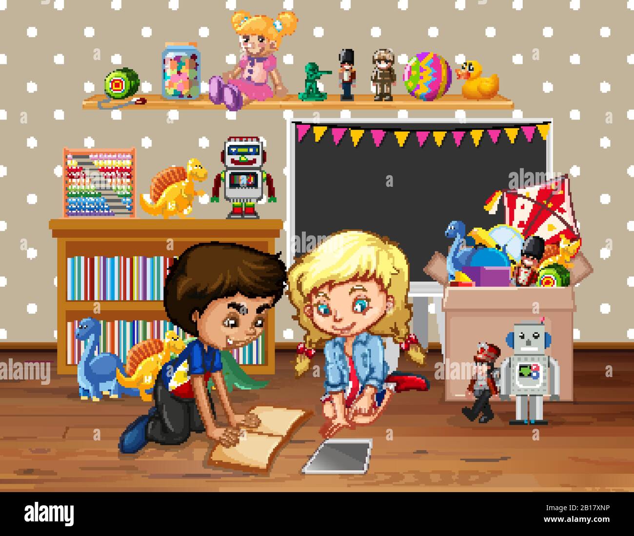 Scene with kids reading book in the room illustration Stock Vector ...