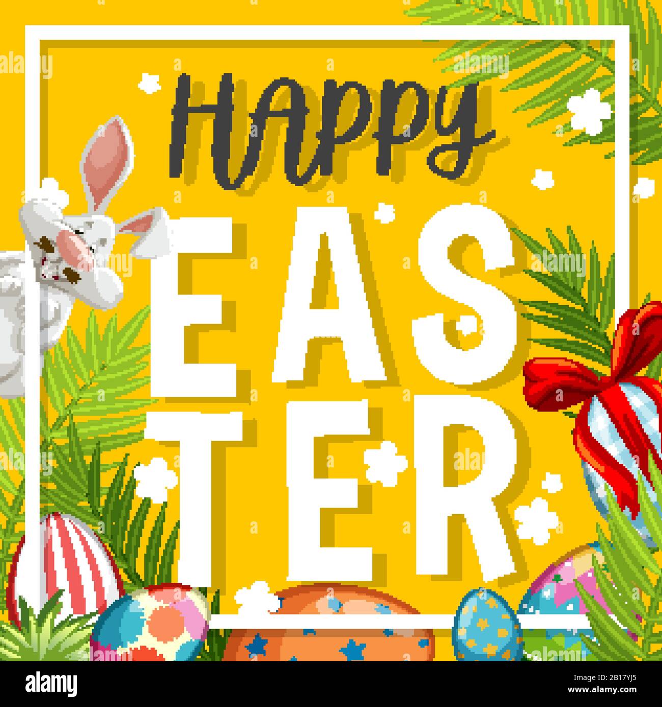 Poster design for easter with white bunny and painted eggs illustration ...