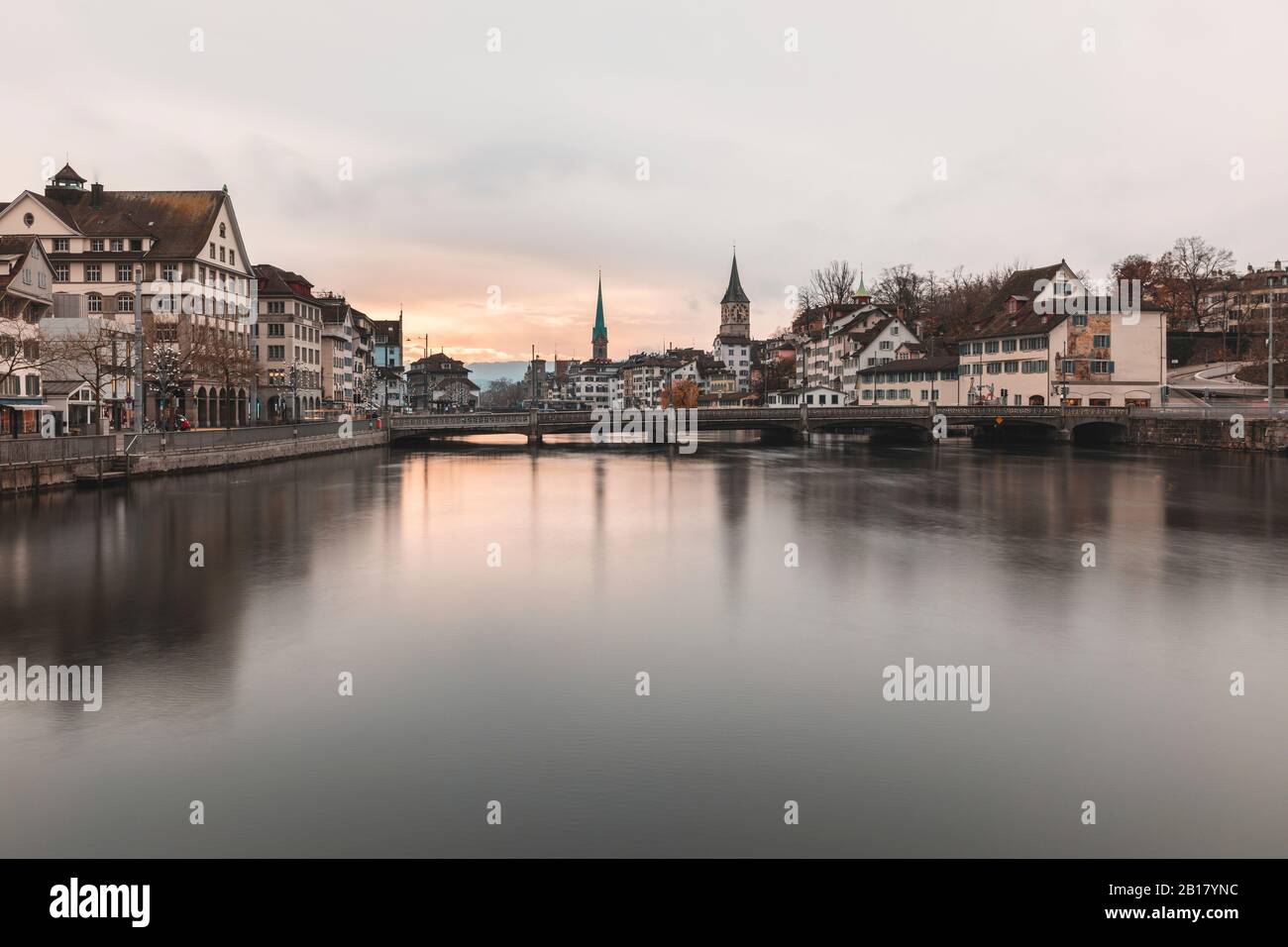 Switzerland, Zurich, City with Limmat river, houses on riverfront and ...