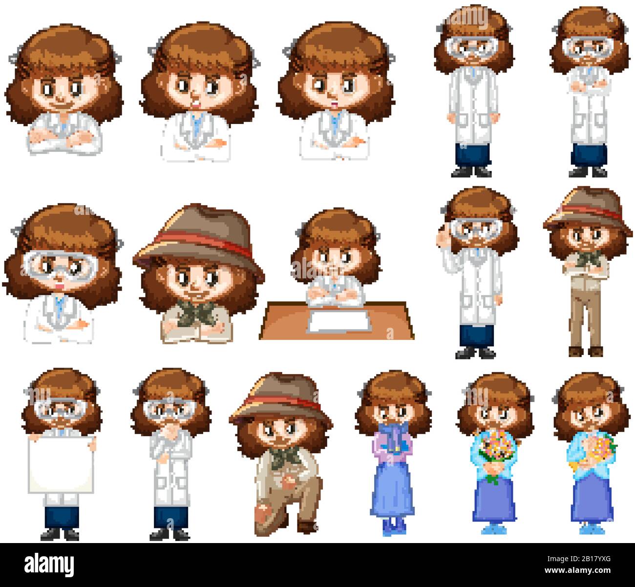 Set of girl in different costumes doing many actions illustration Stock ...