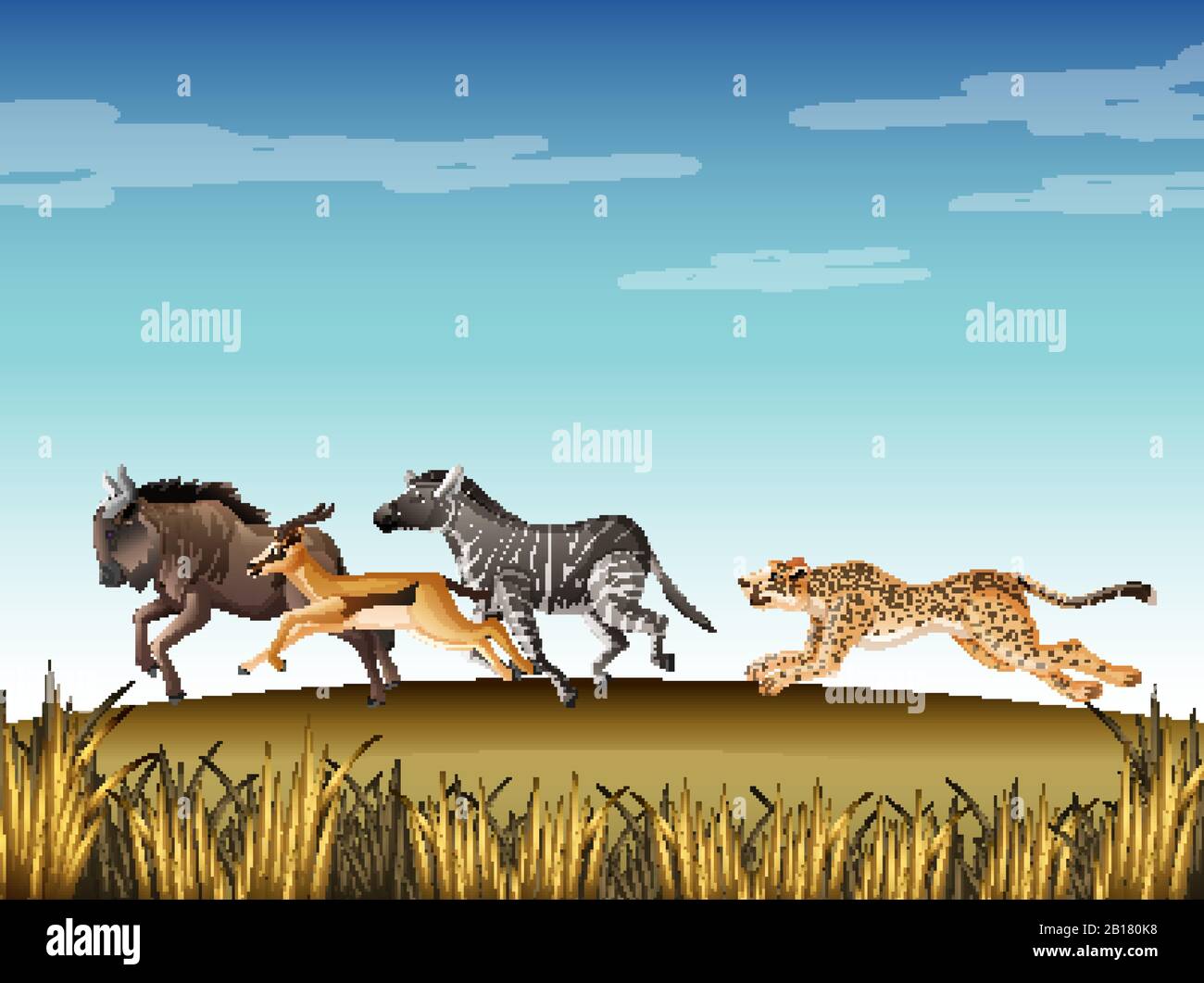 Scene with cheetah chasing after many animals in the field illustration ...