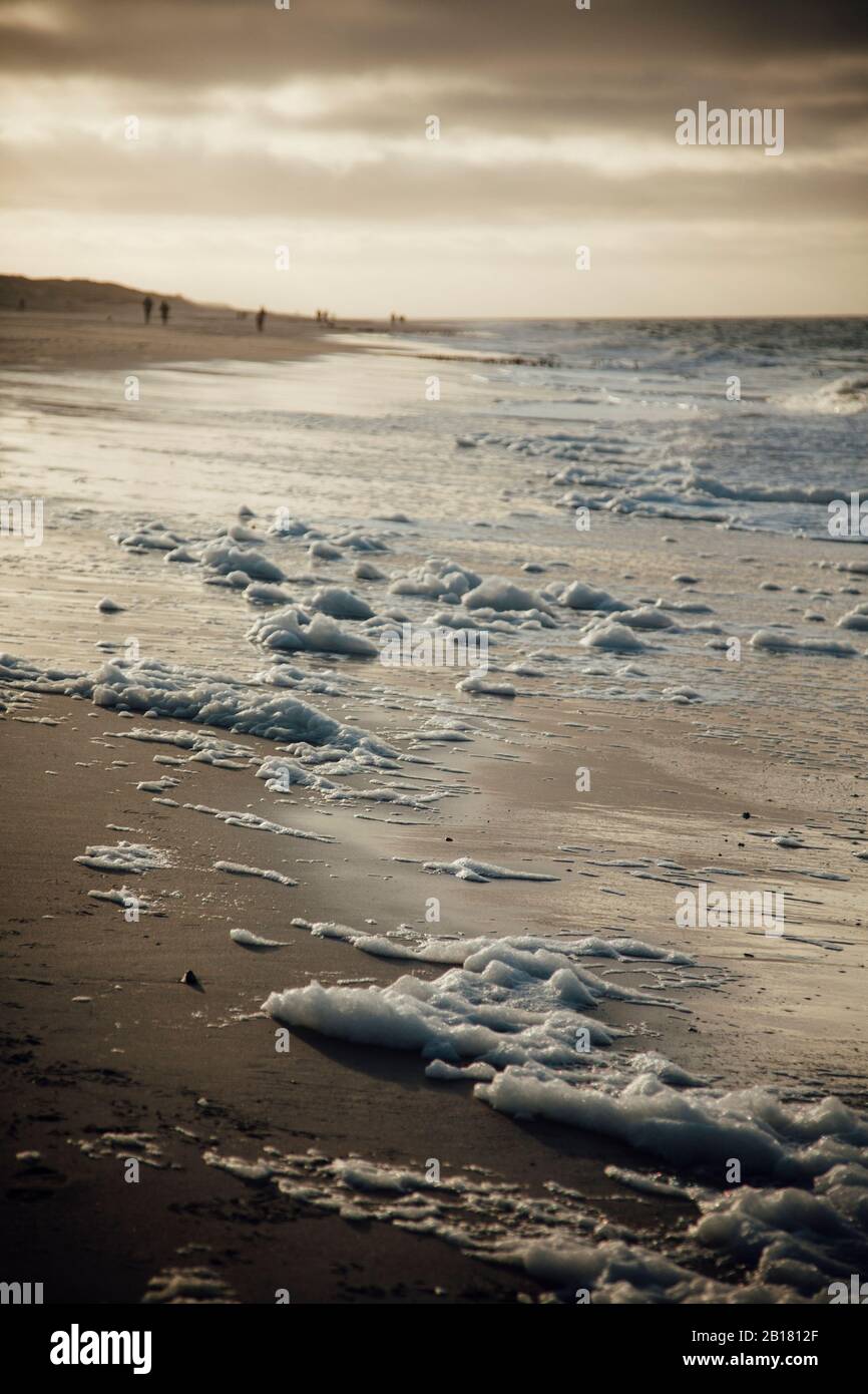 Germany, Schleswig-Holstein, Sandy coastal beach of Sylt island at dusk ...