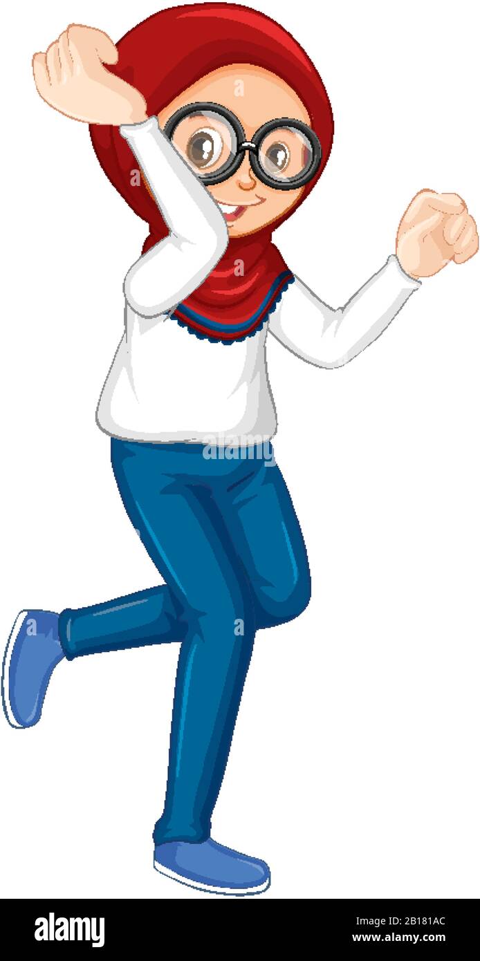 Muslim girl in bluejeans dancing on white background illustration Stock ...