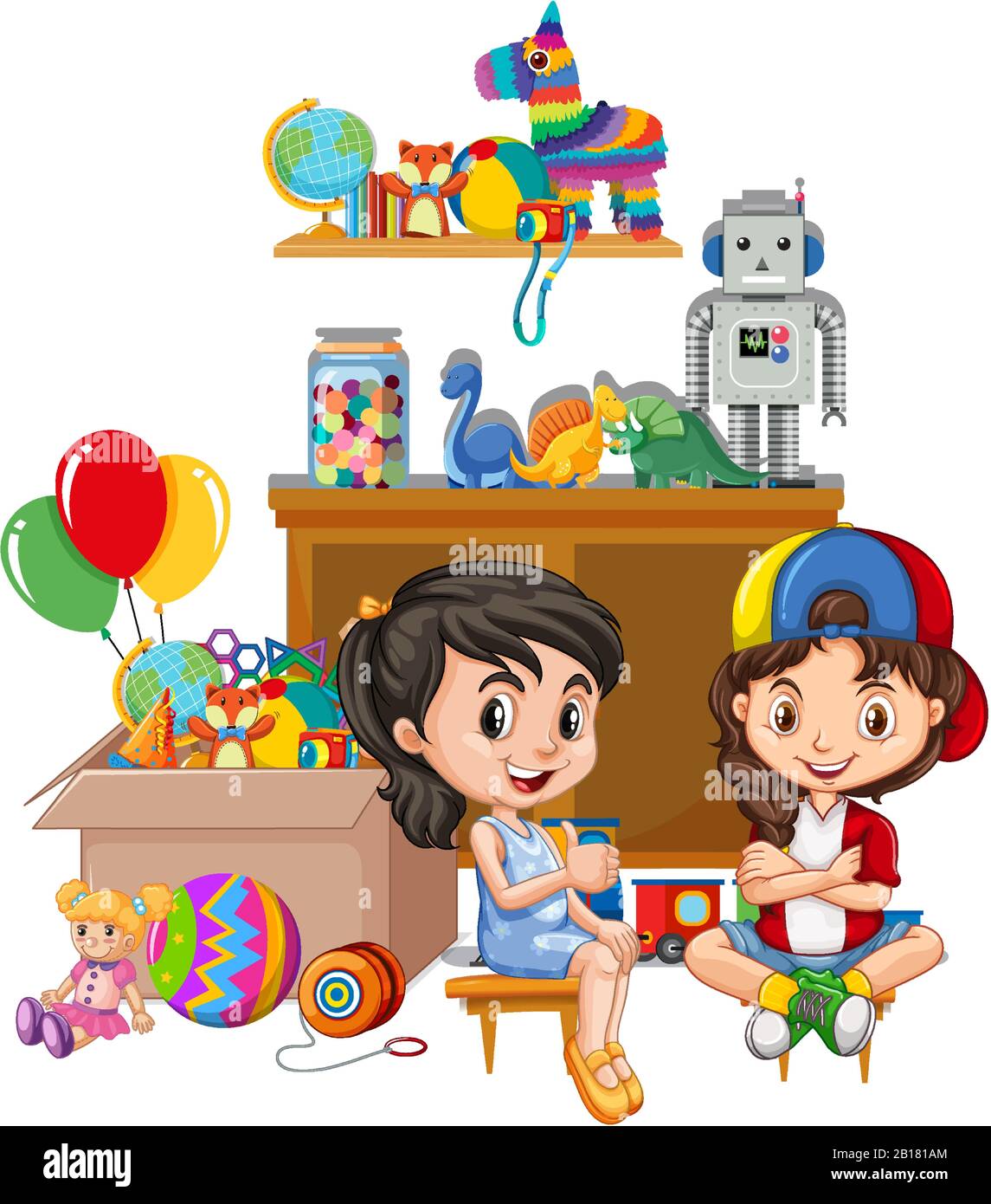 Shelf and box full of toys on white background illustration Stock ...