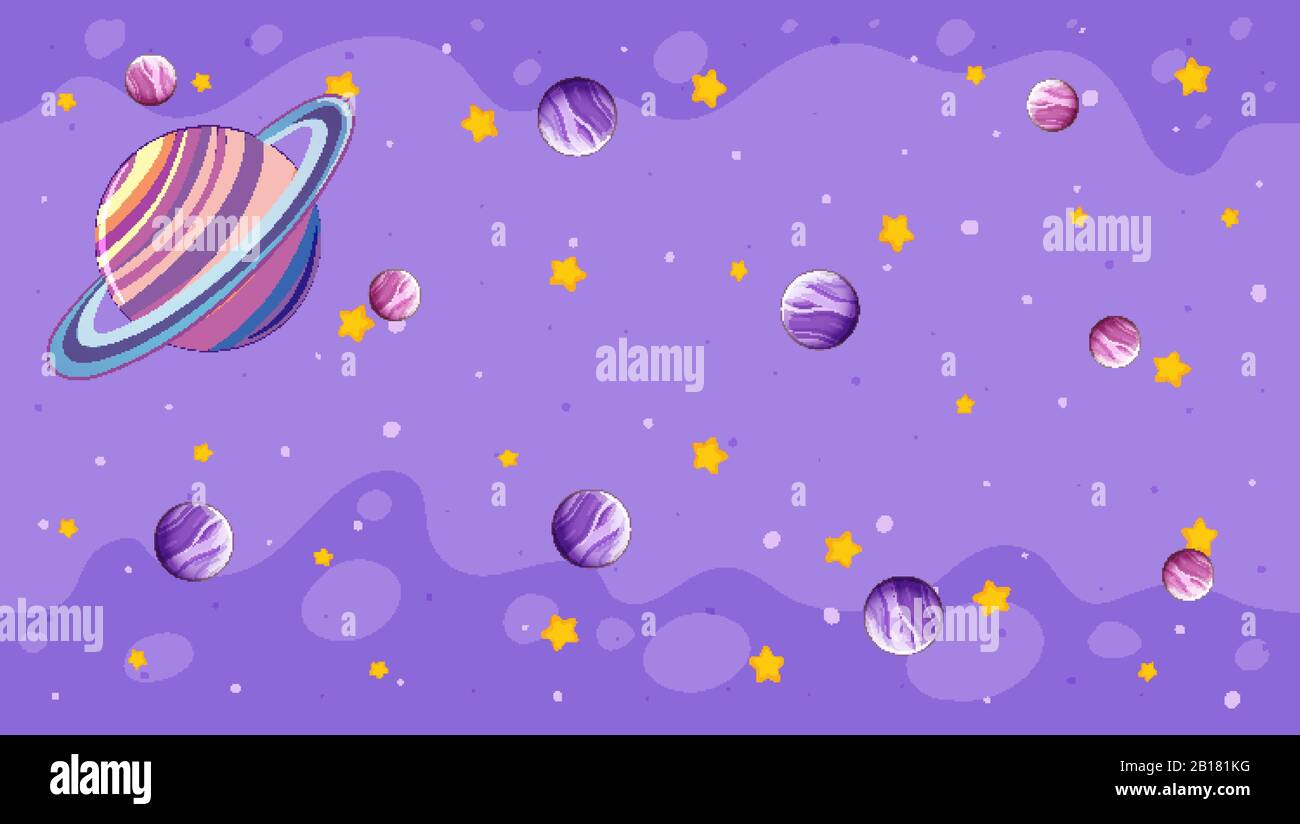 Background design with planets on purple background illustration Stock ...