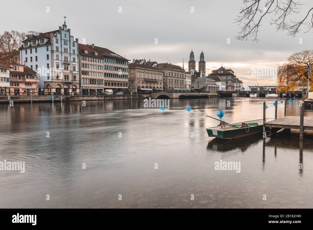 Switzerland, Zurich, City with Limmat river, houses on riverfront and ...