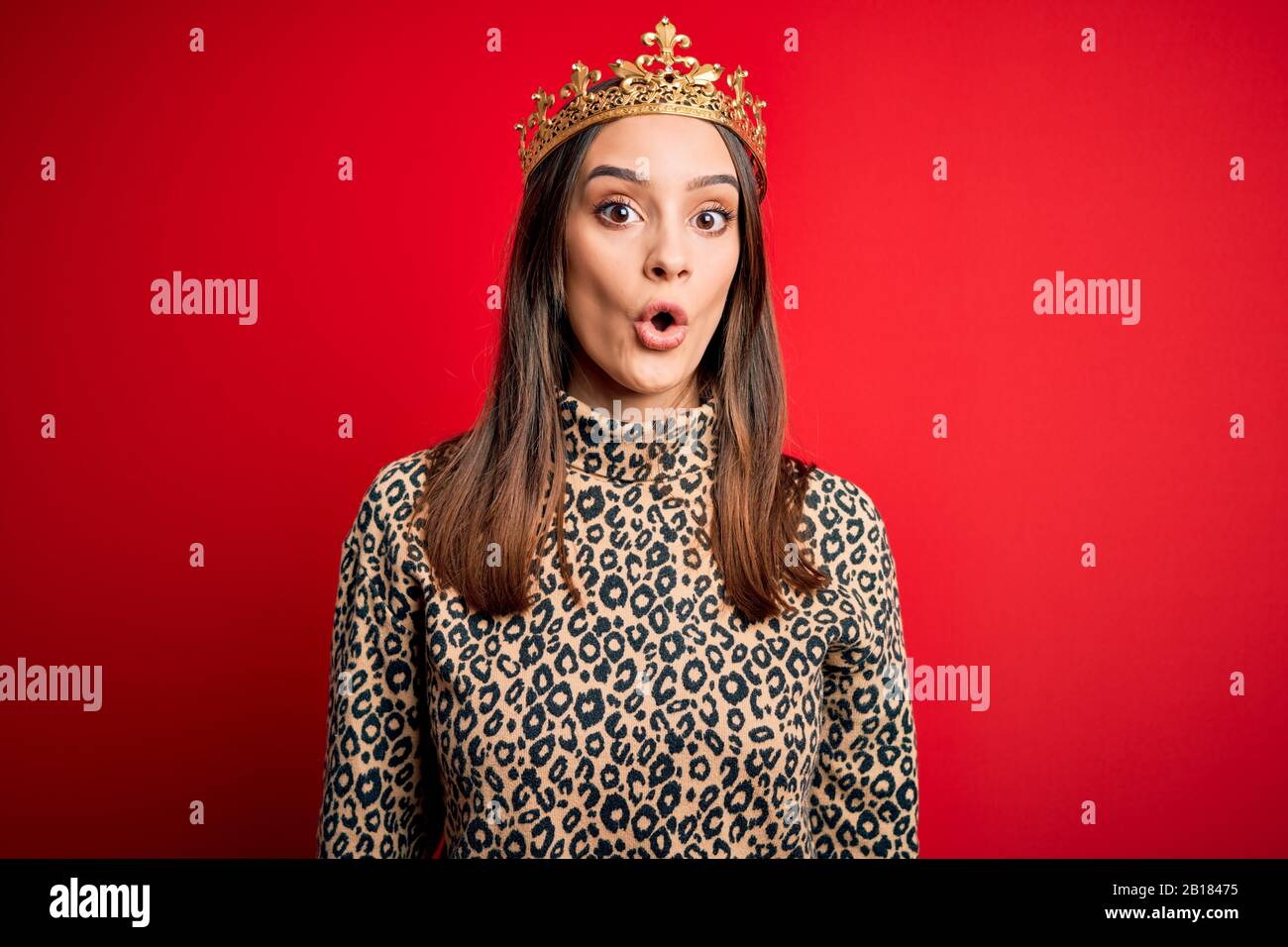Young beautiful brunette woman wearing golden crown queen over isolated ...