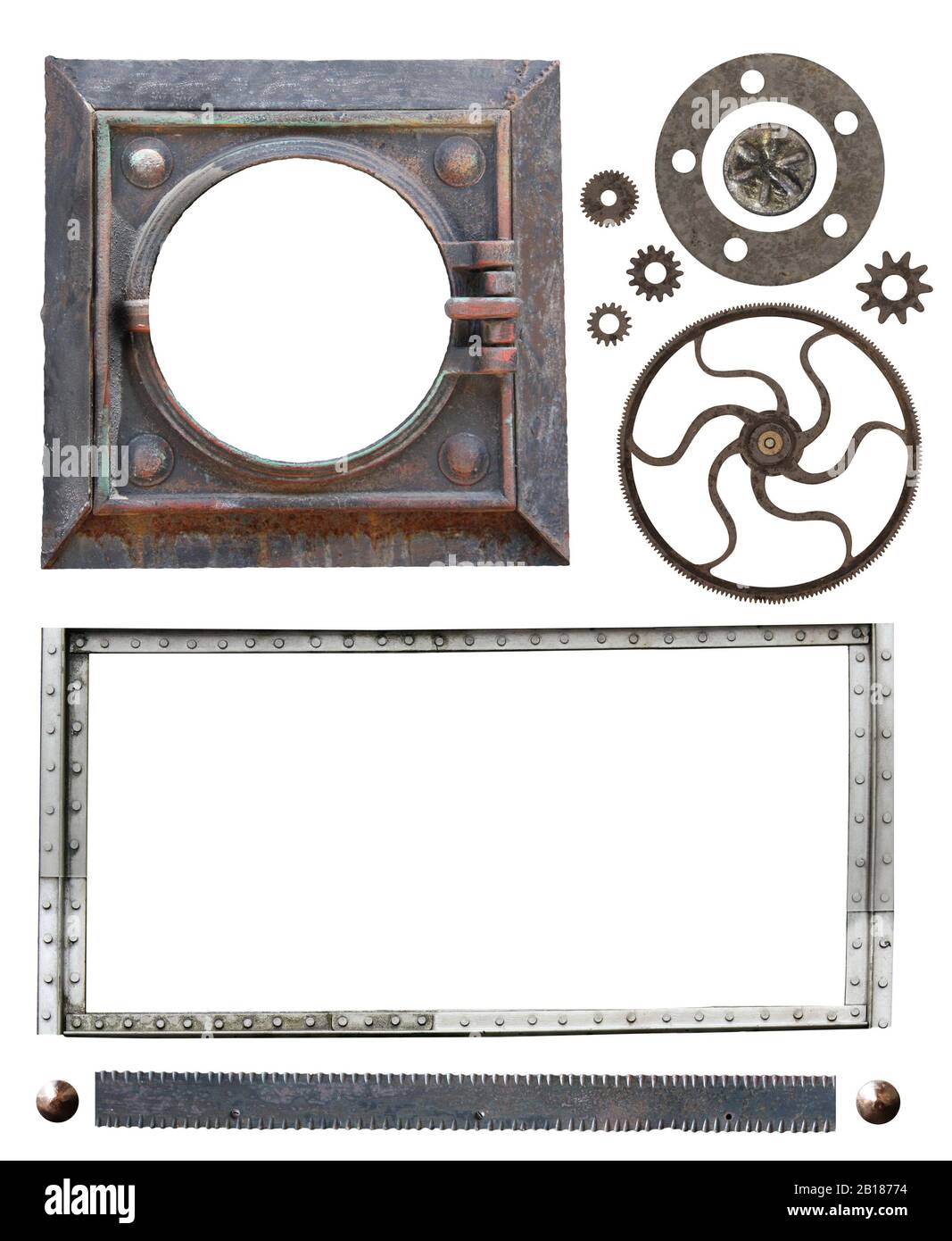 Collection of vintage border, metal frame and retro machine gear wheels ...