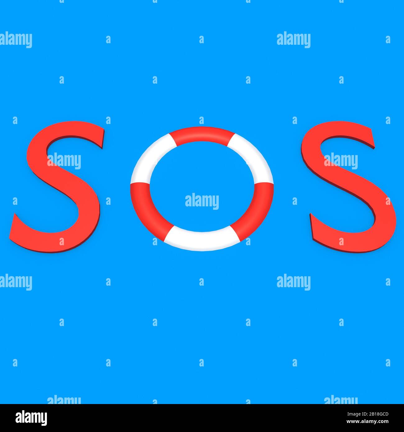 3D illustration of SOS title isolated on ocean-blue background, with a ...