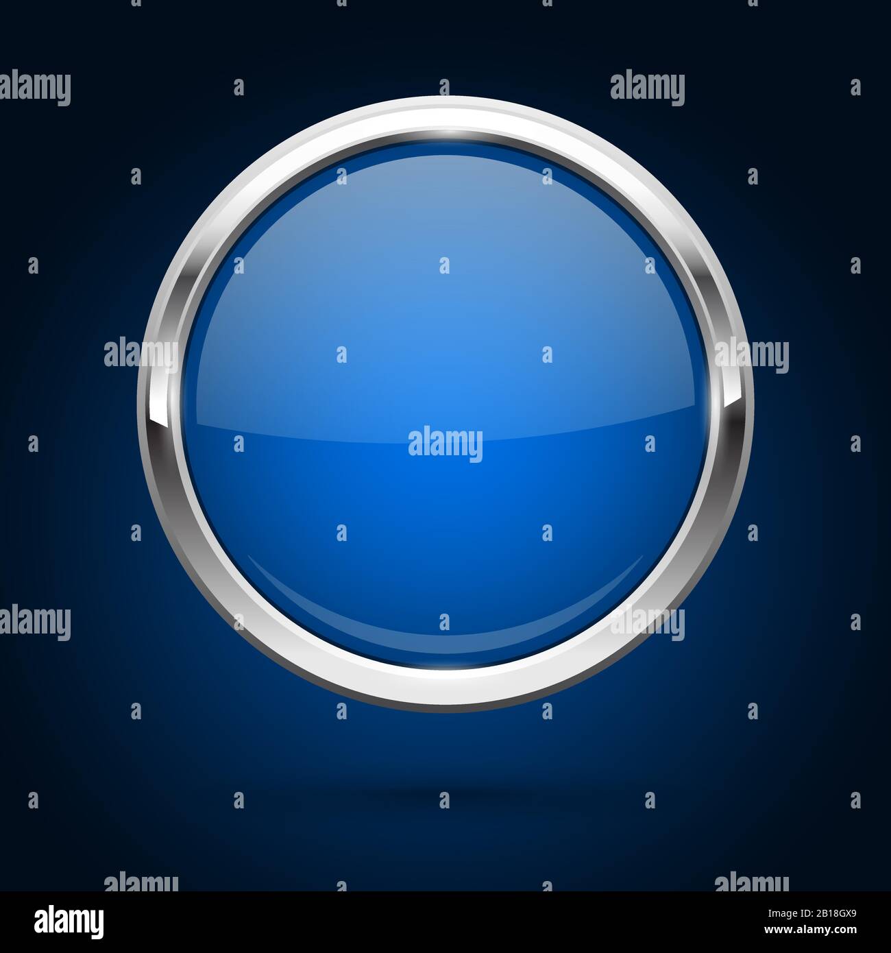 Blue glass button with metal frame. Round icon on dark background Stock ...
