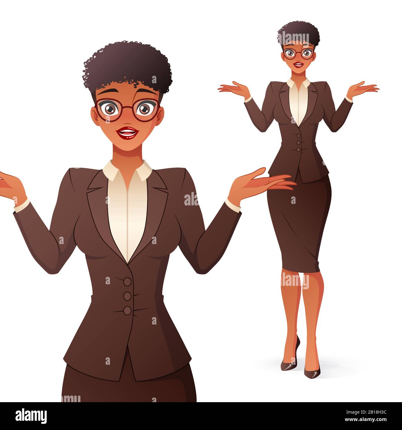 Confused black businesswoman in glasses shrugging shoulders. Isolated ...